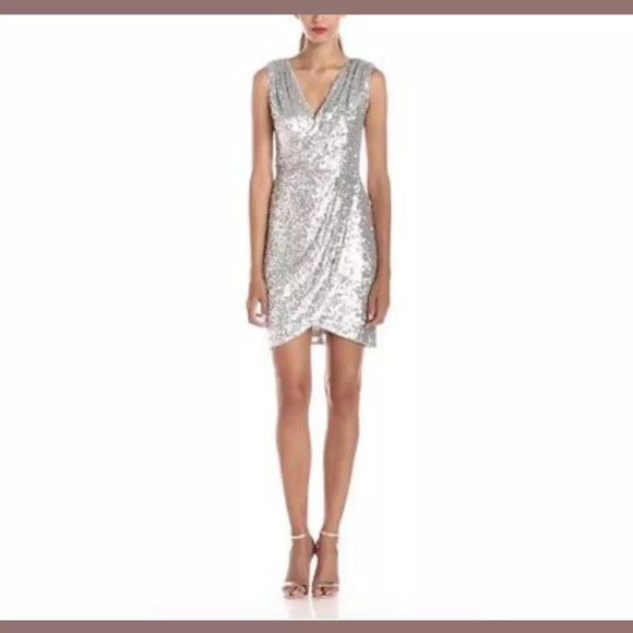 Adrianna Papell | Dresses | Adrianna Papell Silver Sequin Swoop Mini ...